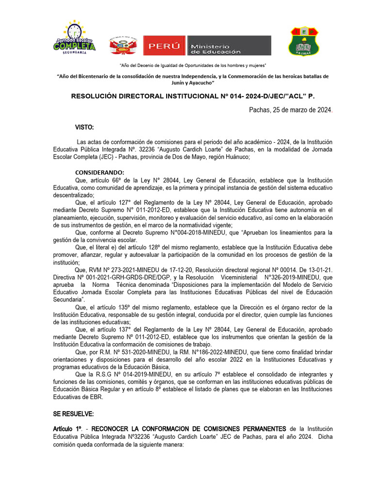 Comisiones 2024 en IE Augusto Cardich | PDF | Salud y bienestar