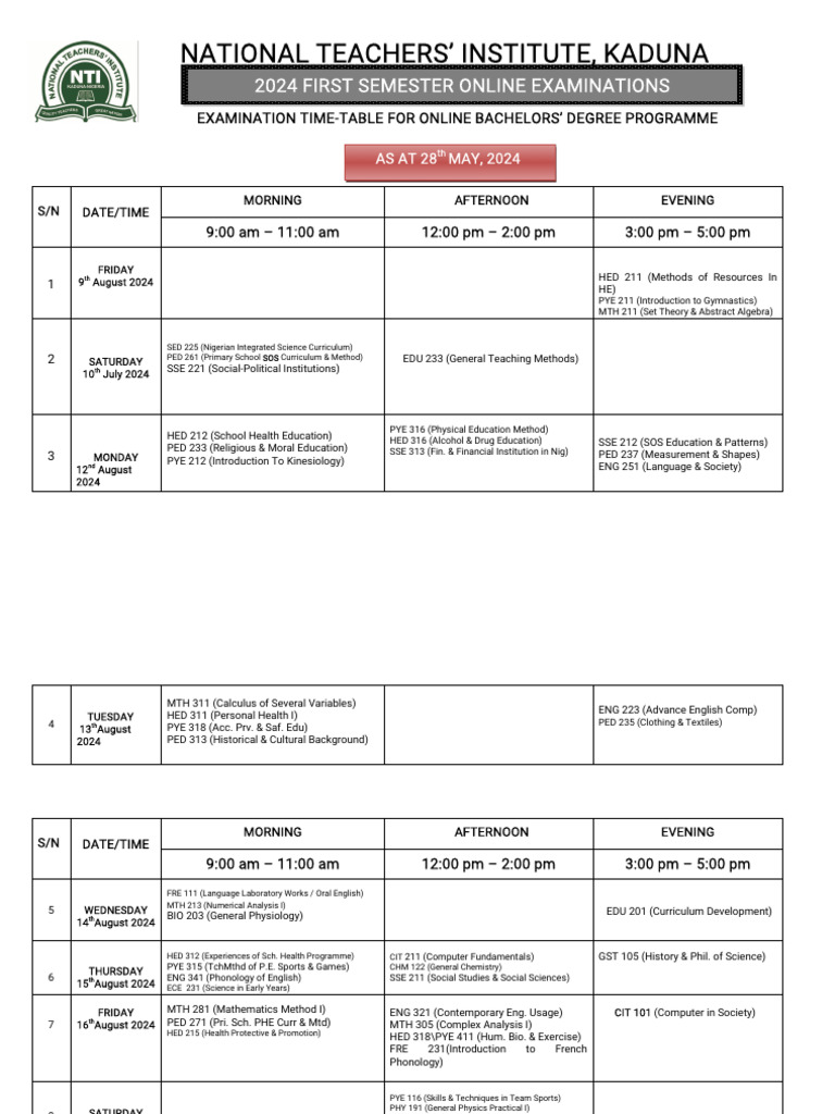 NTI Kaduna Online Exam Timetable 2024 | PDF