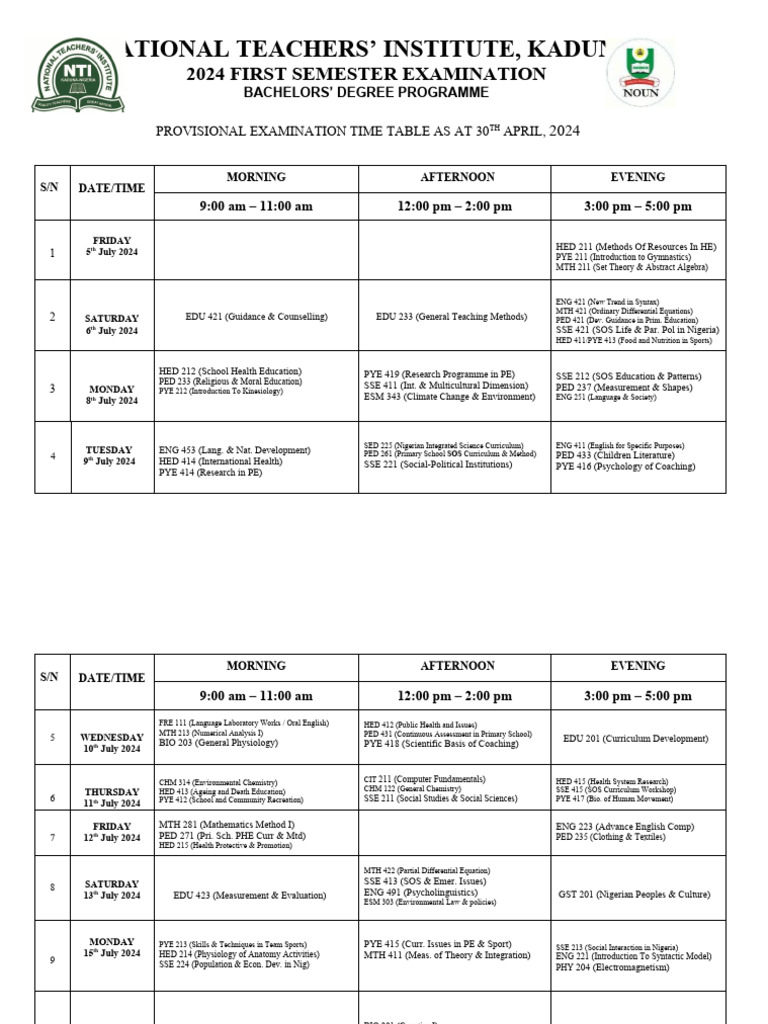 2024 FIRST SEM BDPs TIME TABLE | PDF