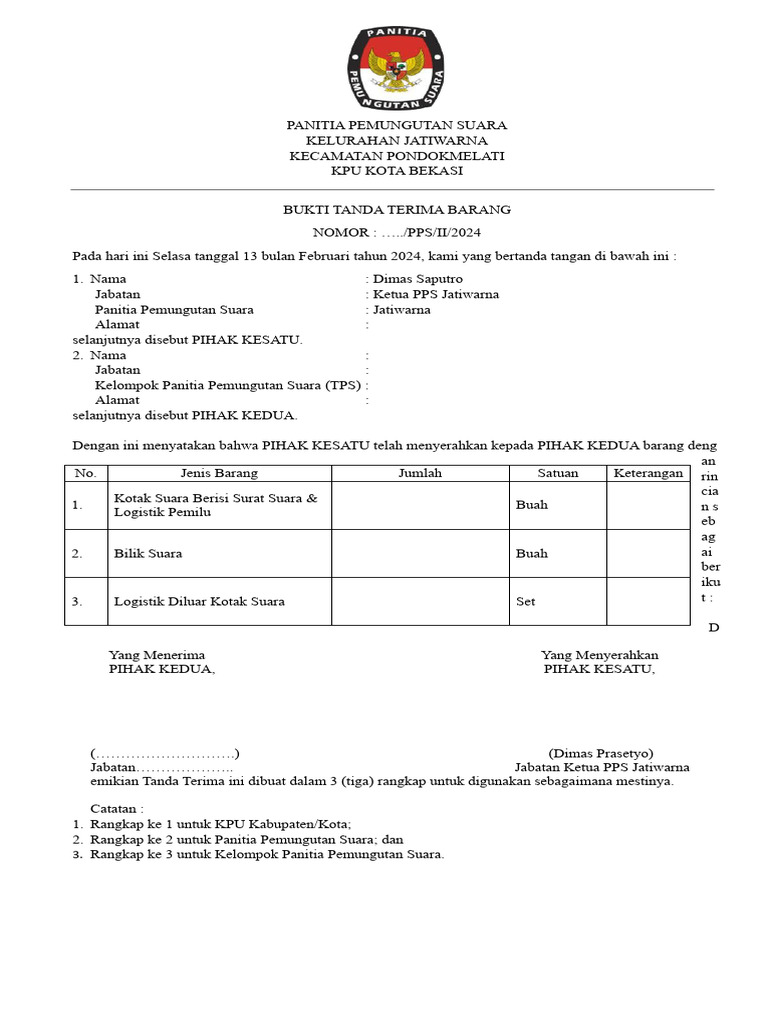 Bukti Tanda Terima Barang PPS KE KPPS | PDF
