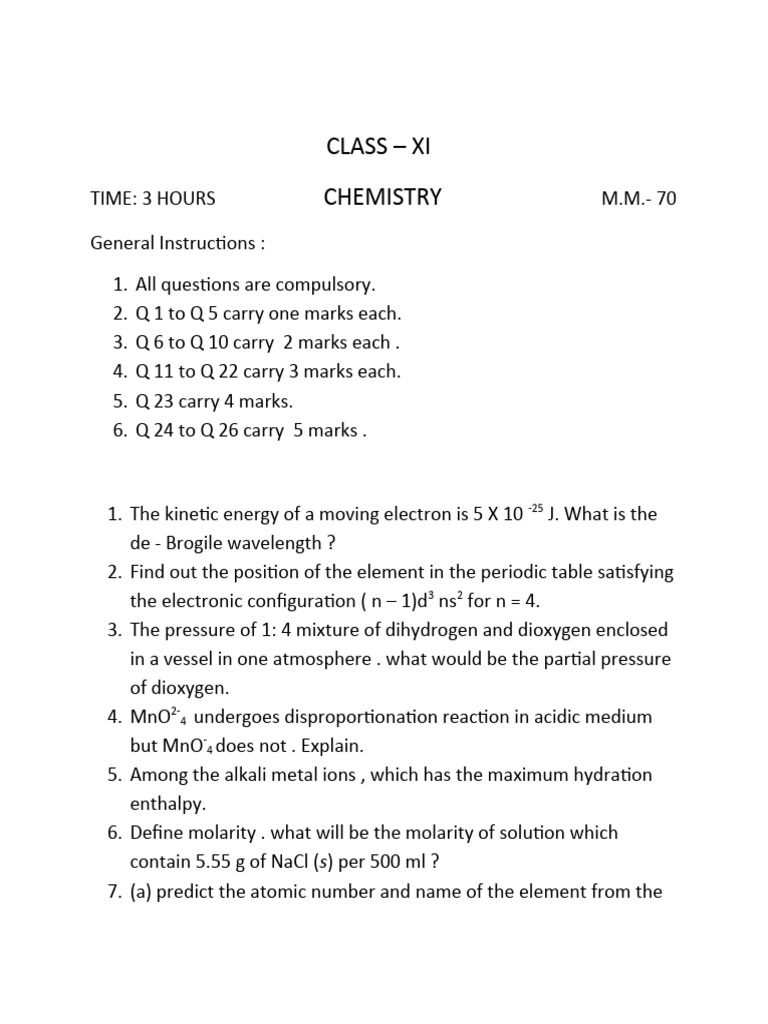 Practise Paper Xi Set I-Chem | PDF | Ion | Chemical Bond