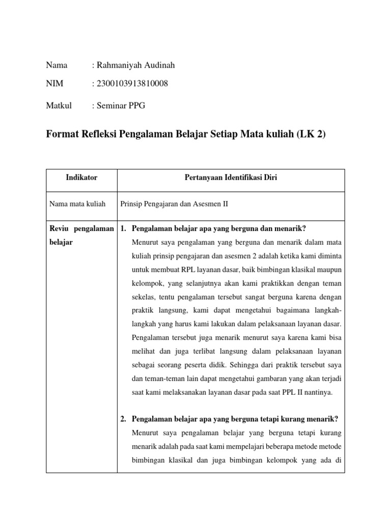 Format Refleksi - Rahmaniyah Audinah - Prinsip Pengajaran Dan Asesmen II | PDF
