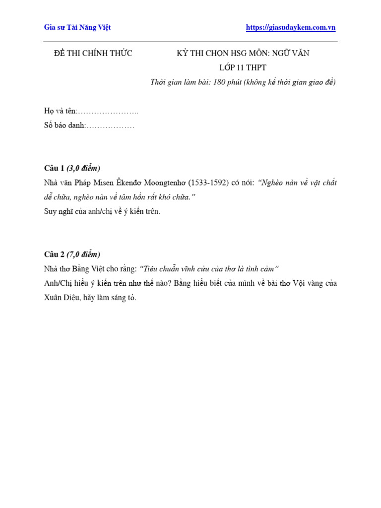 De Thi Hoc Sinh Gioi Ngu Van Lop 11 HSG Van Lop11 | PDF