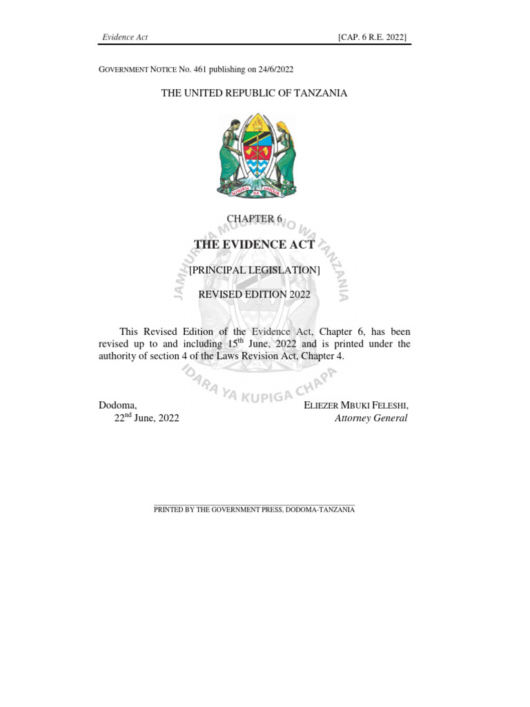 Evidence Act Cap 6 2022 | PDF | Evidence (Law) | Confession (Law)