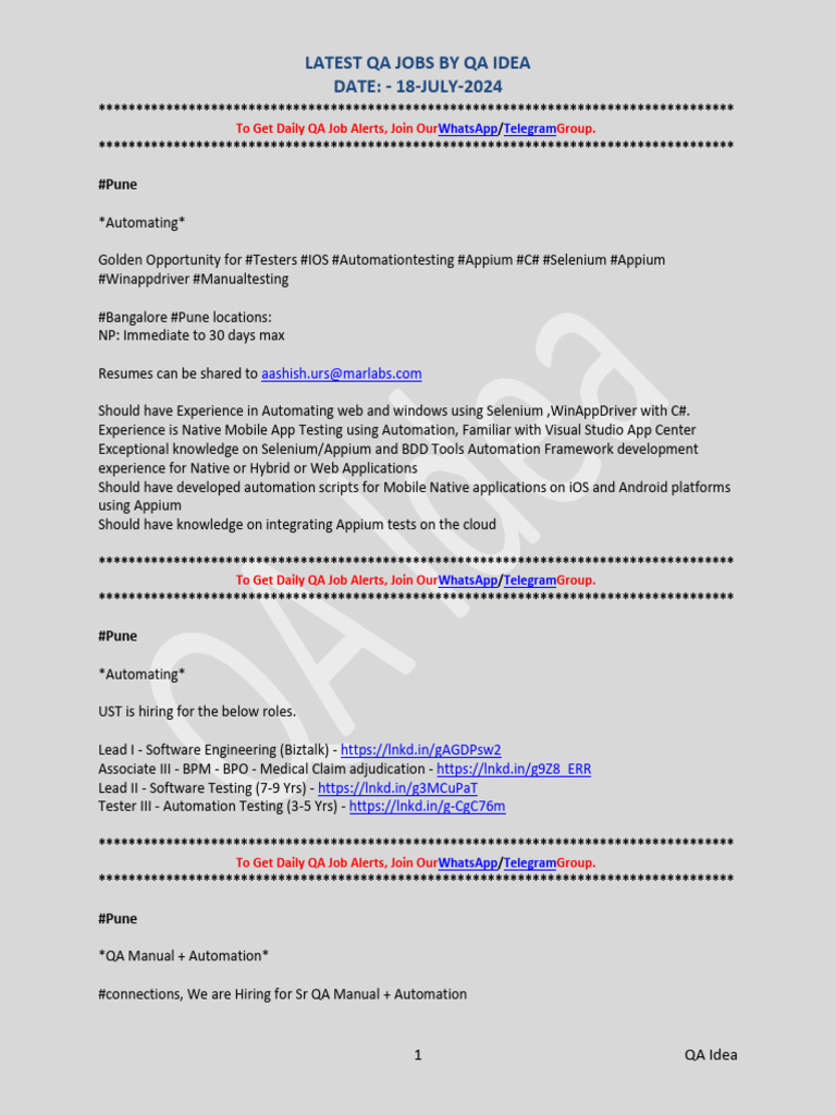 Latest QA Jobs 18 Jul 2024 | PDF | Mobile App | Software Testing