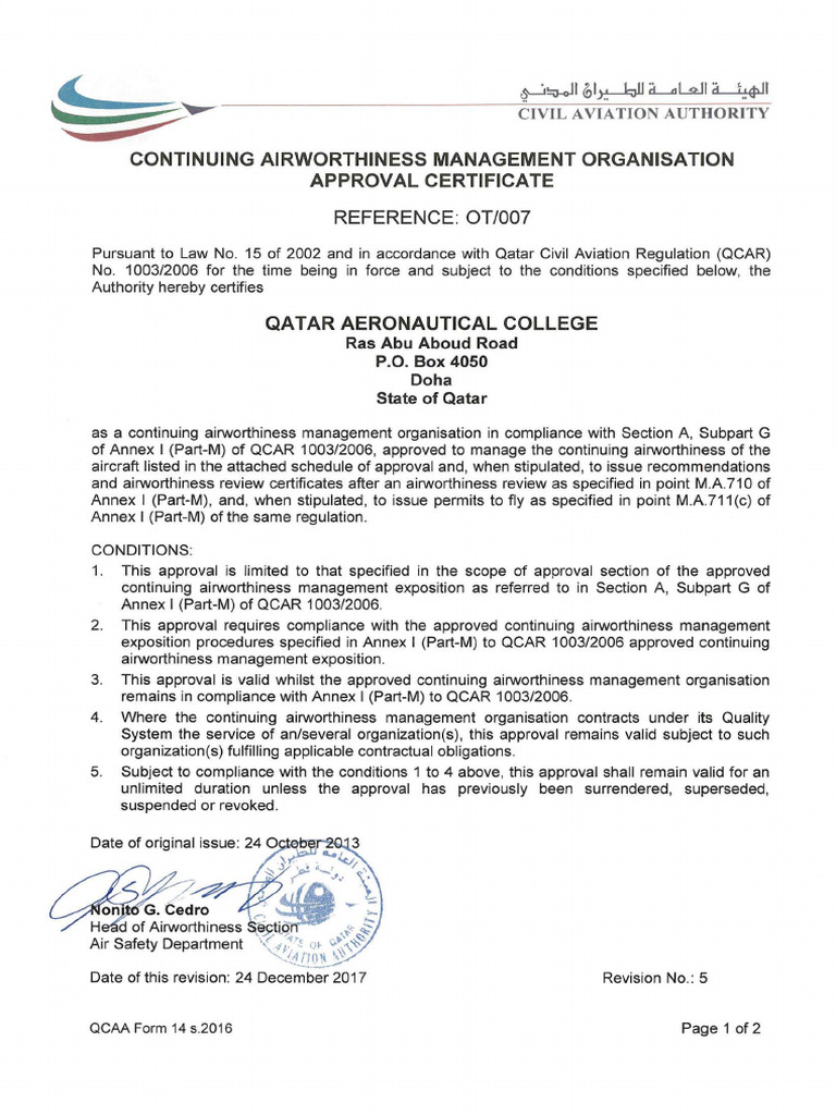 Qatar Aeronautical College Approval Certificate | PDF | Aviation