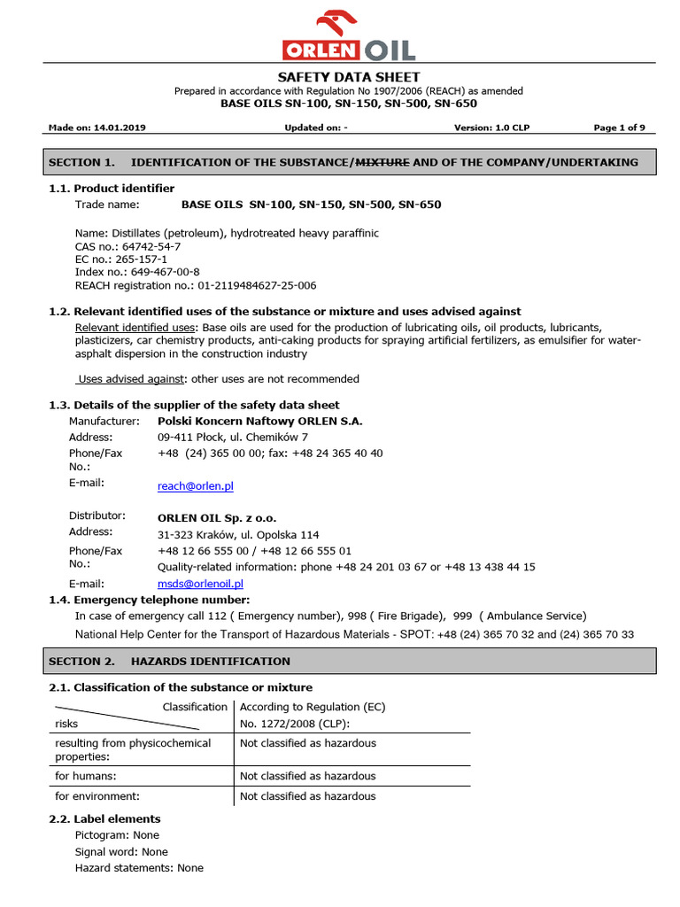 Base Oil-MSDS | PDF | Waste | Dangerous Goods