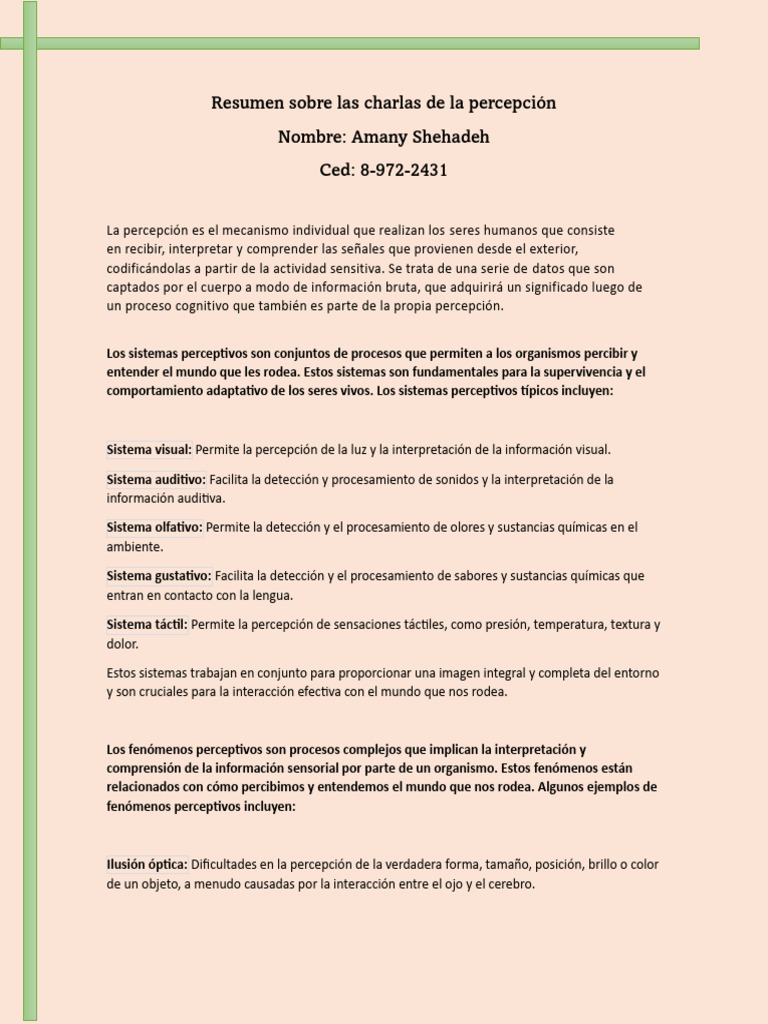 Resumen Sobre Las Charlas de La Percepción | PDF | Percepción | Sicología