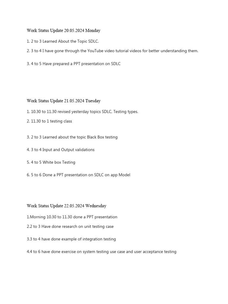 Weekly Work Status on SDLC & Testing | PDF
