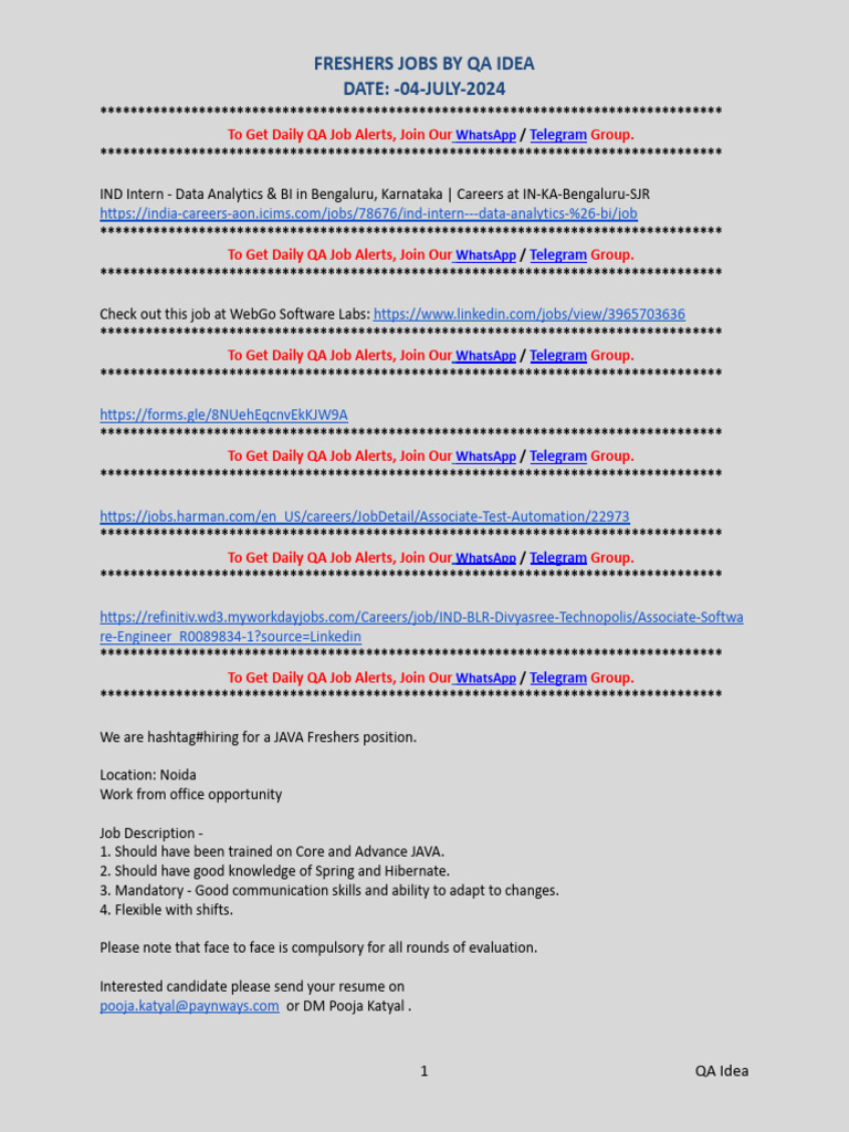 Freshers Jobs 04 July 2024 Pdf Java Script Software