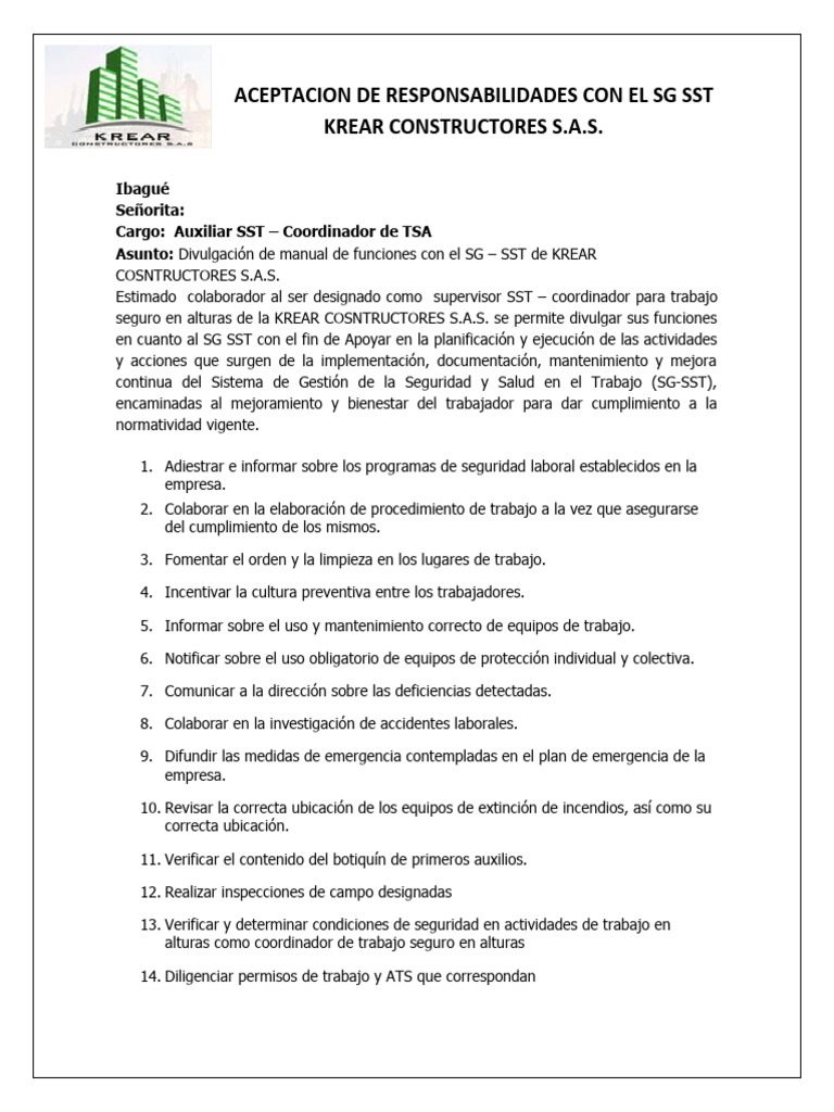 AUXILIAR SST - COORDINADOR TSA | PDF