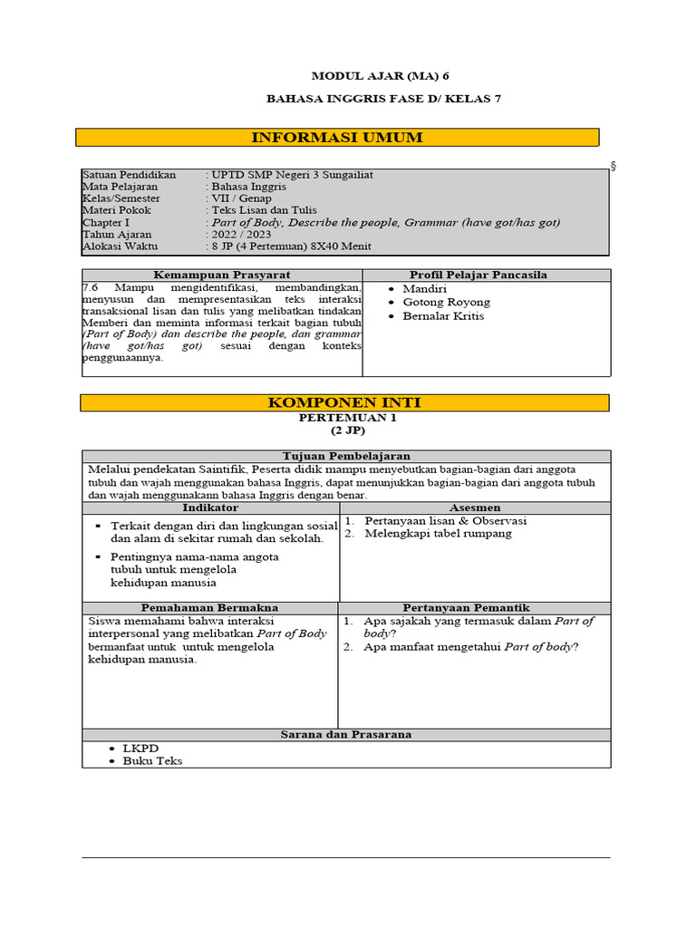 MODUL AJAR 6 Part of Body | PDF