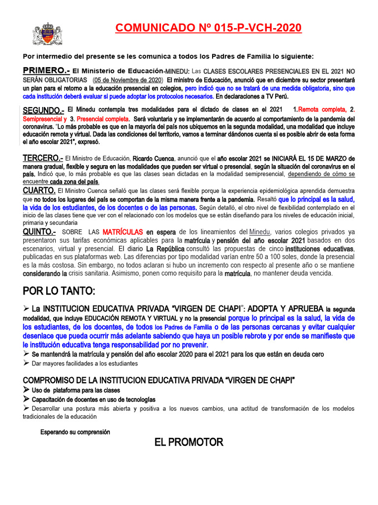 Comunicado Año Escolar 2021 Virtual (PPFF) | PDF | Ministerio (Departamento de Gobierno) | Escuelas