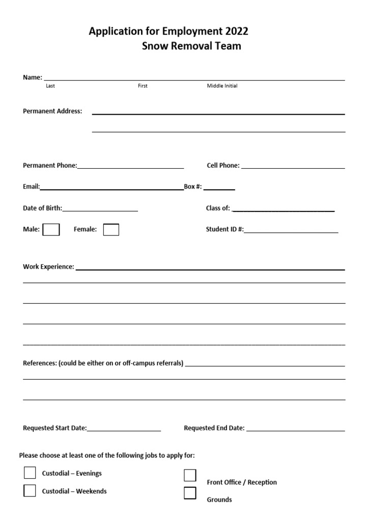 Application For Employment 2022 Snow Removal Team: Last First Middle ...