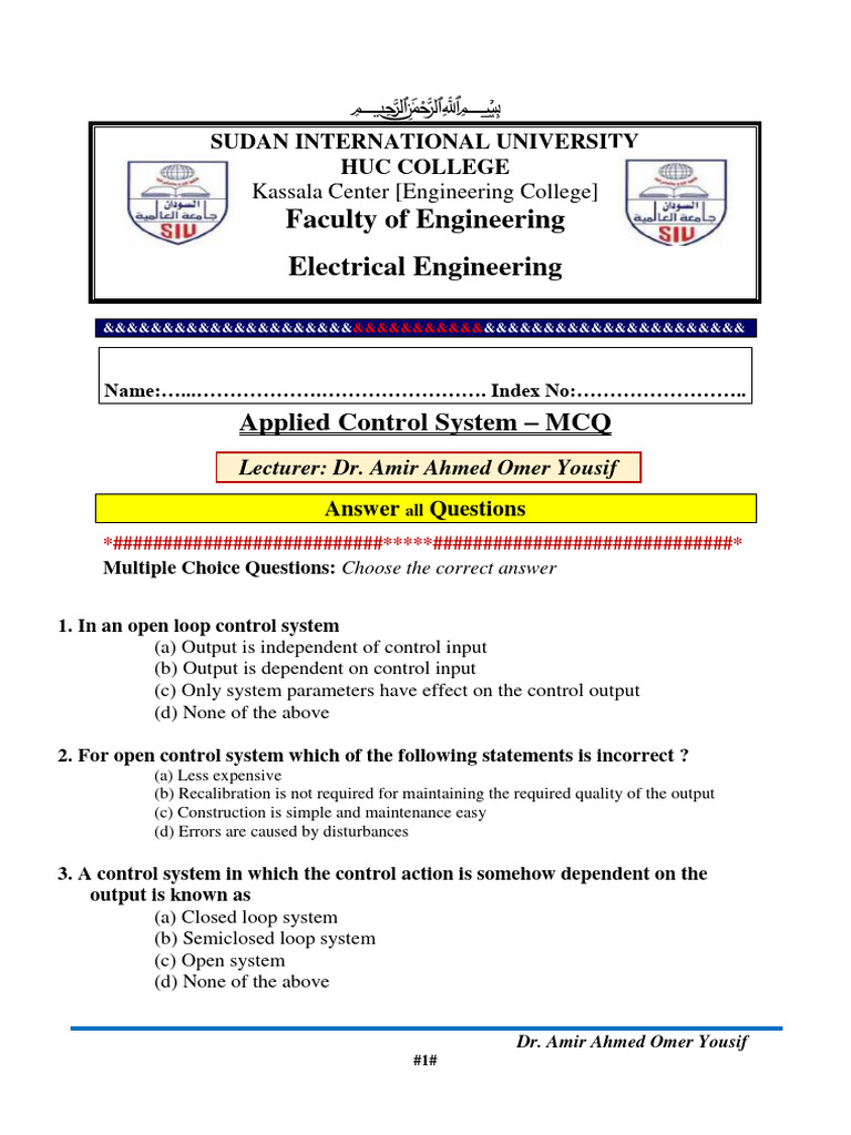 Electrical Control Systems Quiz | PDF | Feedback | Control Theory