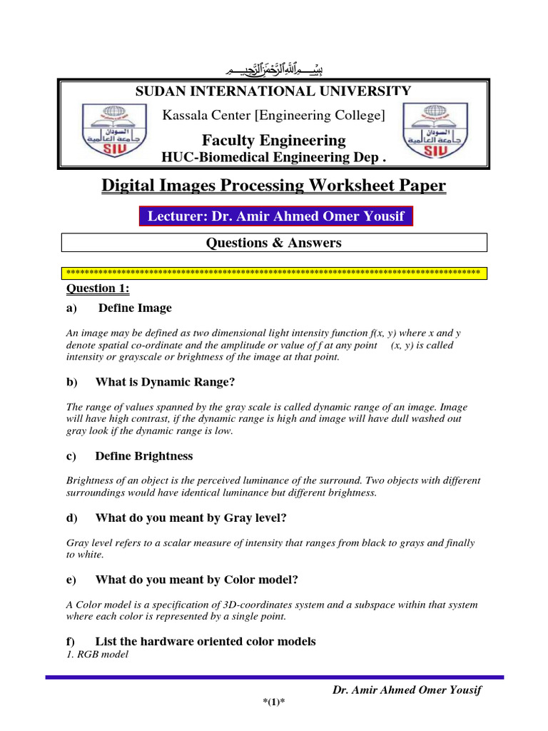 Worksheet Paper - Digital Images Processing - April 2024 | PDF | Rgb ...