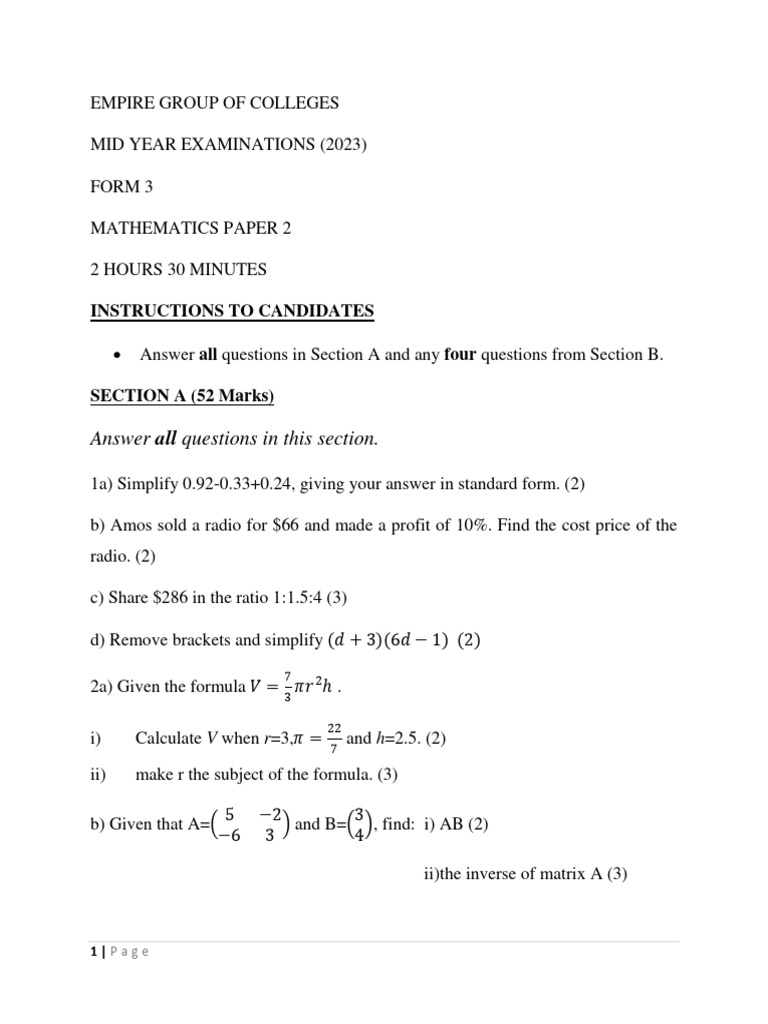 F3 Mid Year Exam Maths P2 (2023) - 145 Copies | PDF | Mathematics ...