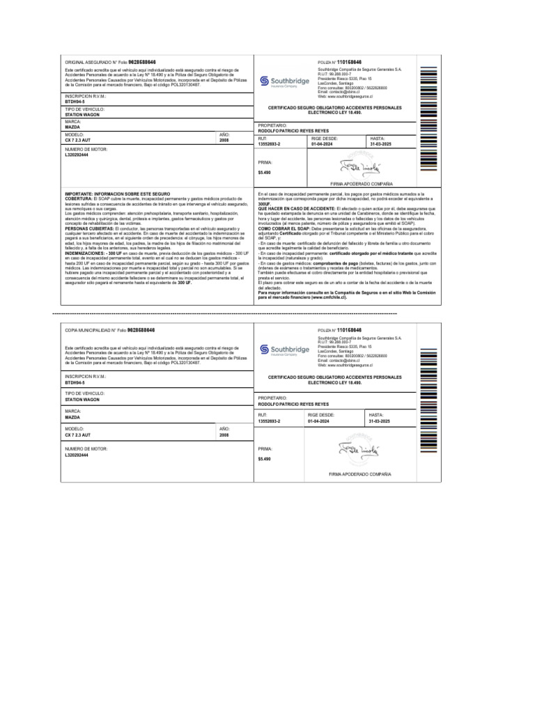 Certificado SOAP Vehículo Mazda 2008 | PDF | Póliza de seguros | Seguro