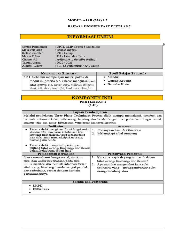 Modul Ajar B. Ing KLS 7.9.3. Adjective To Describe Feeling | PDF | Sains & Matematika