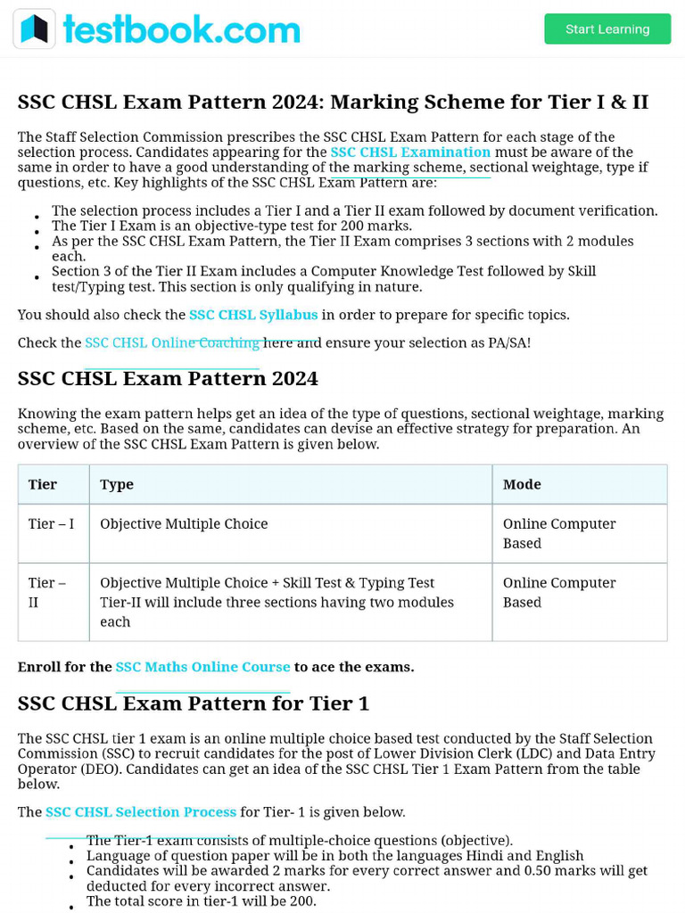 SSC CHSL Exam Pattern 2024 - Marking Scheme For Tier I & II | PDF