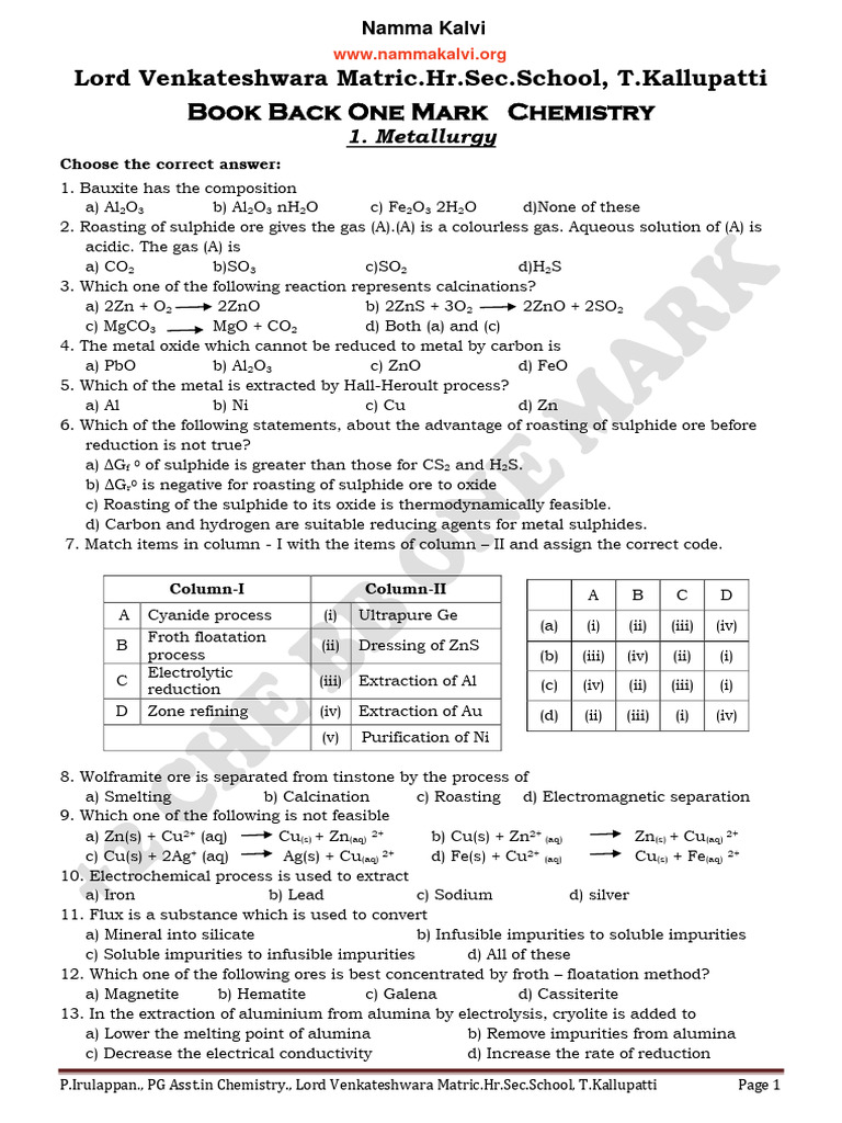 Namma Kalvi 12th Chemistry Volume 1 Book Back 1 Mark Questions em | PDF | Reaction Rate ...