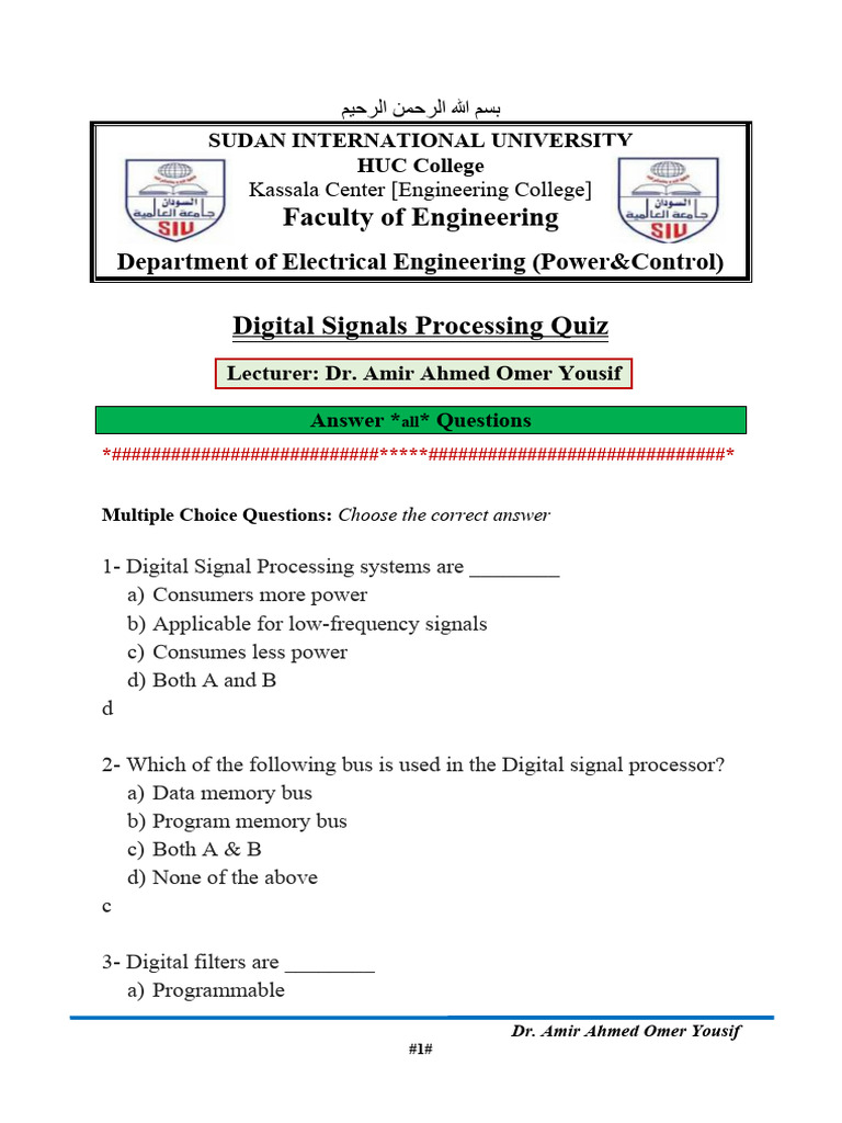 Digital Signals Processing Quiz - With Answer | PDF | Digital Signal Processing | Digital To ...