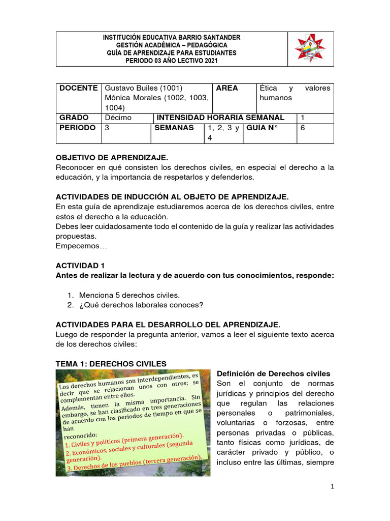 Guía 6 Ética. Décimo Impresa | PDF | Derechos | Educación primaria
