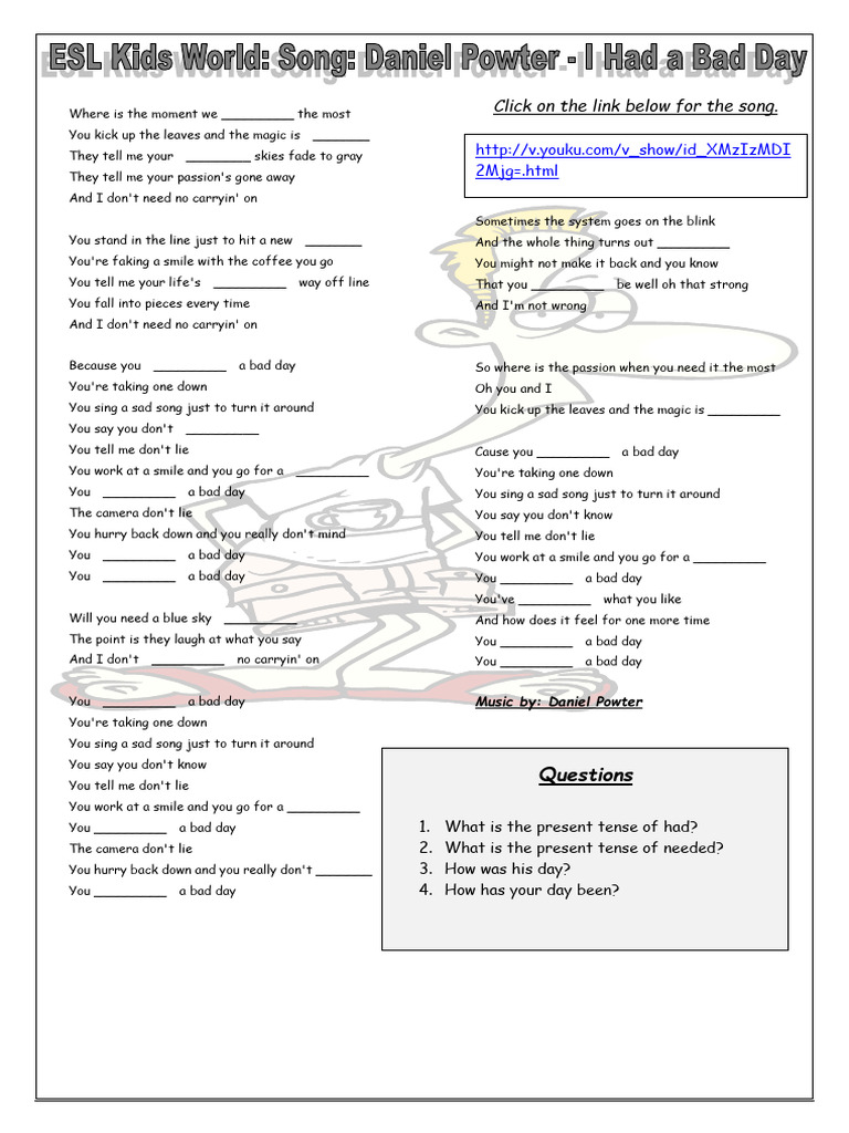 I Had A Bad Day Song Worksheet | PDF