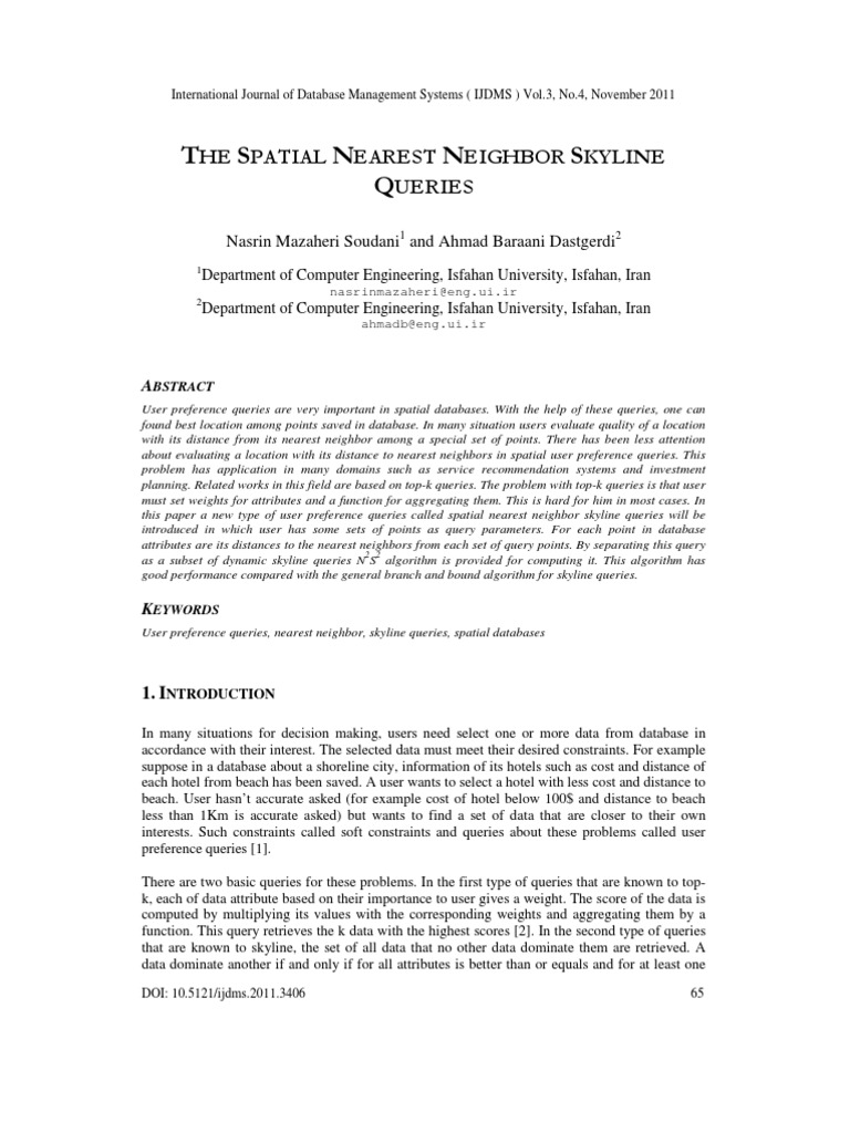 The Spatial Nearest Neighbor Skyline Queries | PDF | Information ...