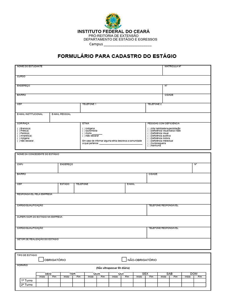 Formulário de Cadastro de Estágio IFCE | PDF
