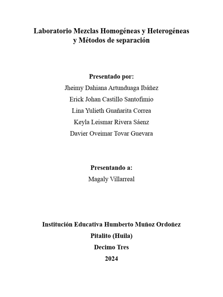 Laboratorio Mezclas Homogéneas y Heterogéneas y Métodos de separación 1 | Descargar gratis PDF ...