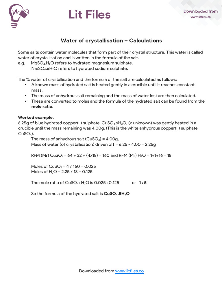 Water of crystallisation | Download Free PDF | Mole (Unit) | Chemistry