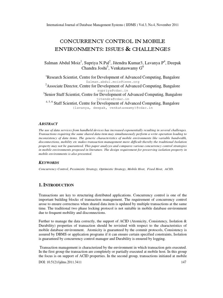 Concurrency Control In Mobile Environments Issues And Challenges Pdf Acid Database Transaction