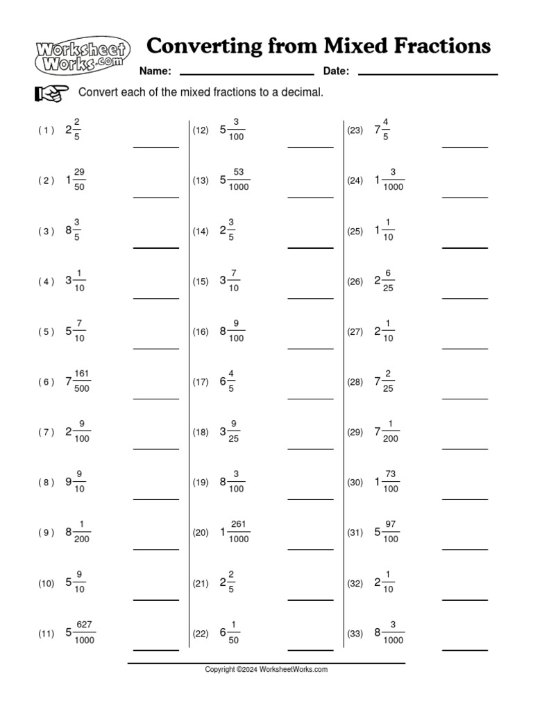 WorksheetWorks Converting From Mixed Fractions 3 | PDF | Lexicology ...