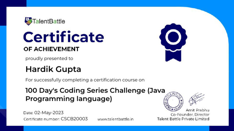100 Days Coding Series Challenge Batch 2 Certificate - Hardik Gupta | PDF