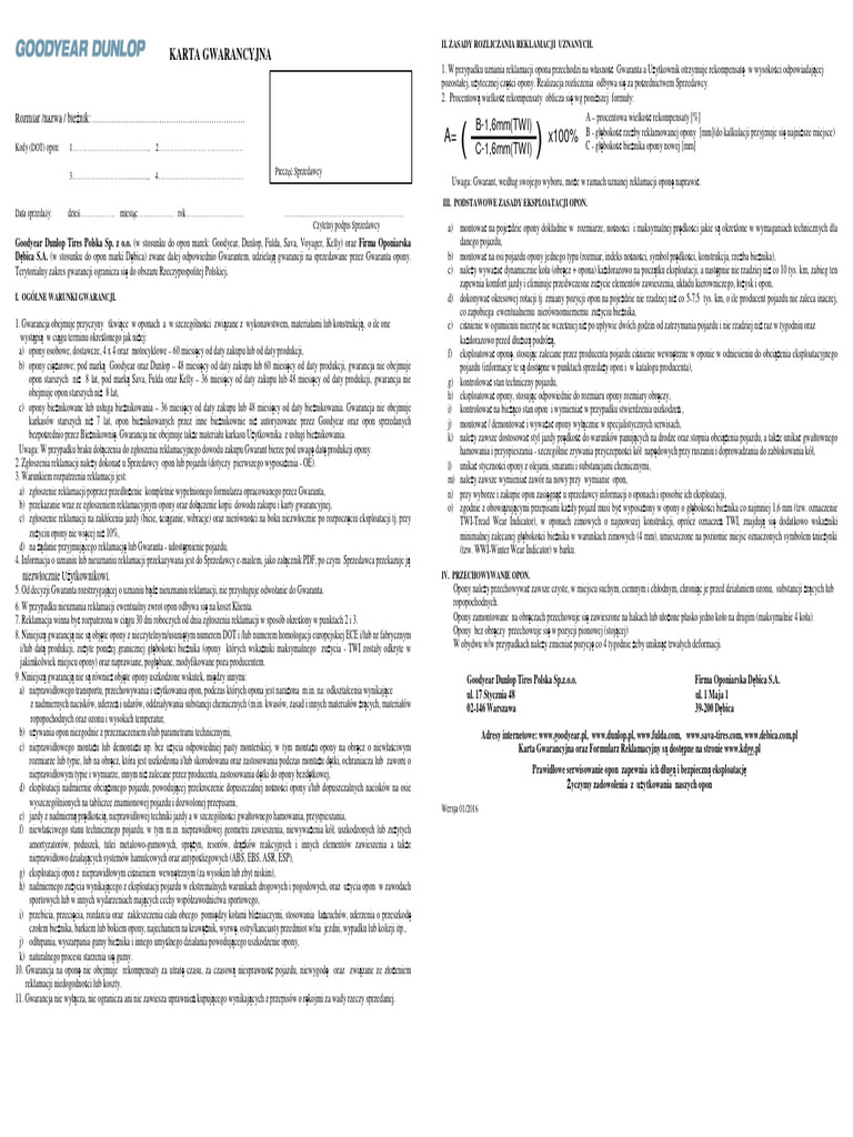 Goodyear Karta Gwarancyjna 2016 | PDF
