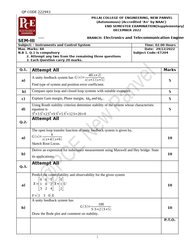 Instruments and Control System Exam QP | PDF | Feedback | Electronics