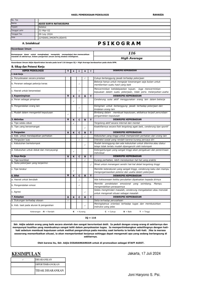 Psikogram Kecerdasan Adjie Surya | PDF
