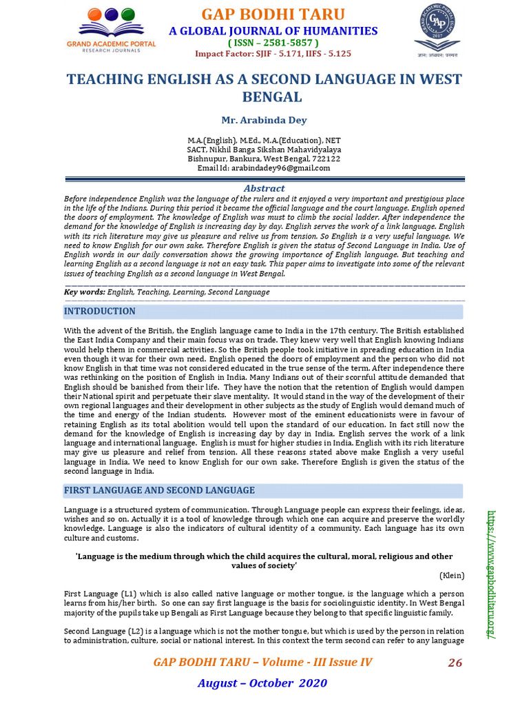 (26-29) Teaching English As A Second Language in West Bengal | PDF | Second Language | English ...