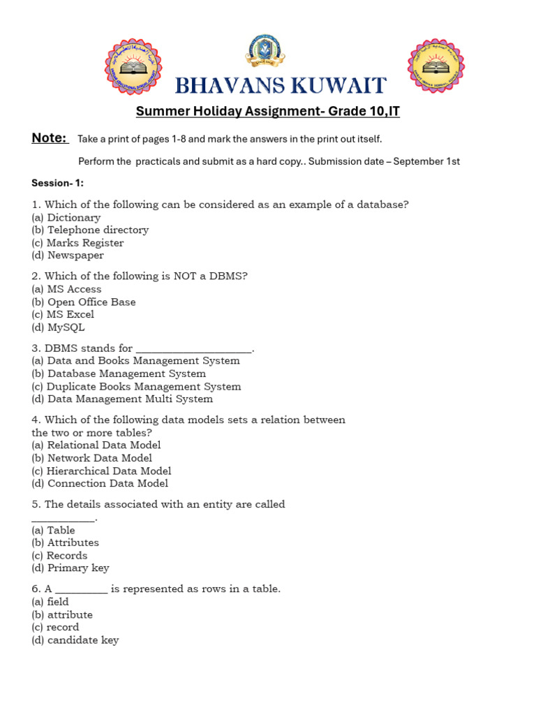 Summer Holiday Assignment - G10 | PDF | Databases | Table (Database)