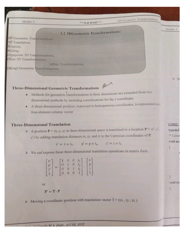 CGIP Module - 02 (3D Geometric Transformation) | PDF