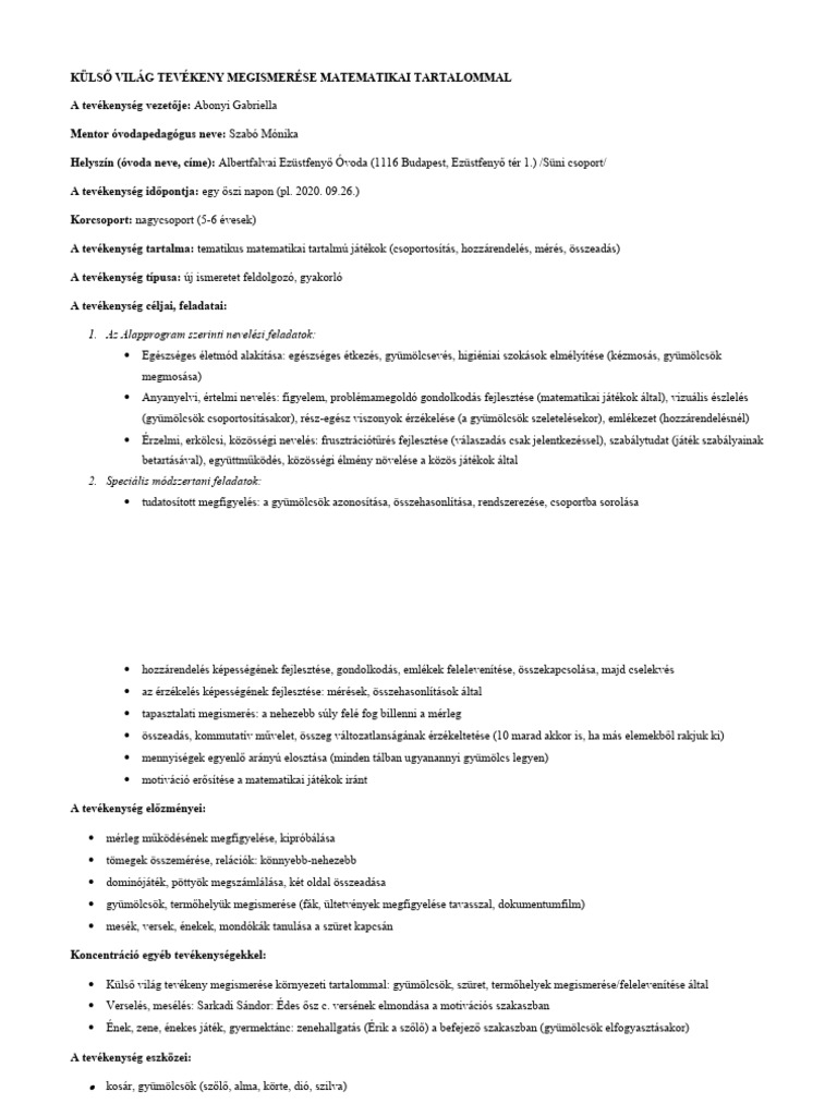 Őszi Gyümölcsök - Matematika - Tervezet | PDF