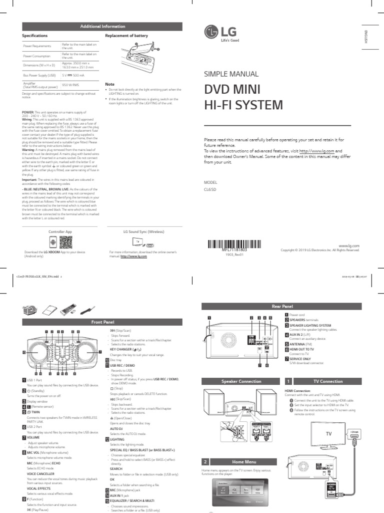 Cl65d-Fb Dlkallk Sim Mfl71181803 | PDF | Usb | Mains Electricity