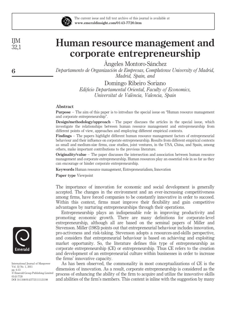Human resource management and corporate entrepreneurship | PDF ...