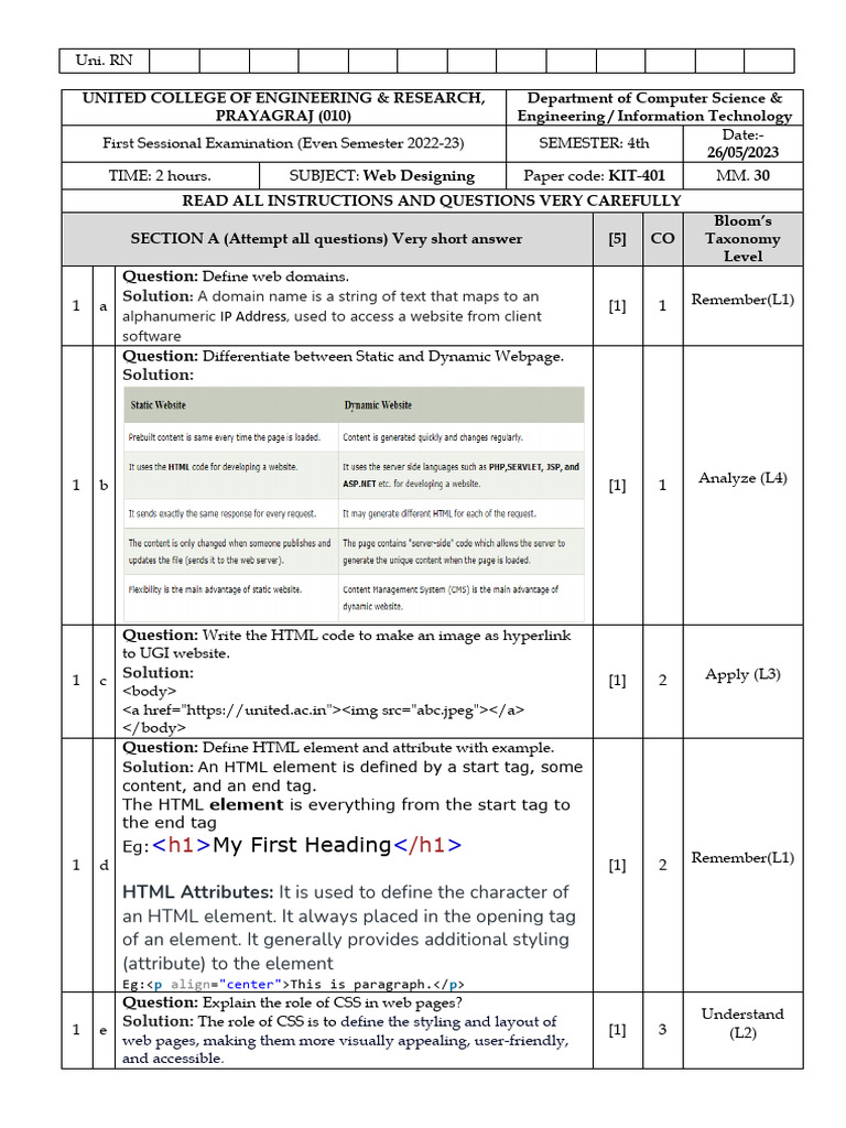Web Designing First Sessional Solution | PDF | World Wide Web | Internet & Web