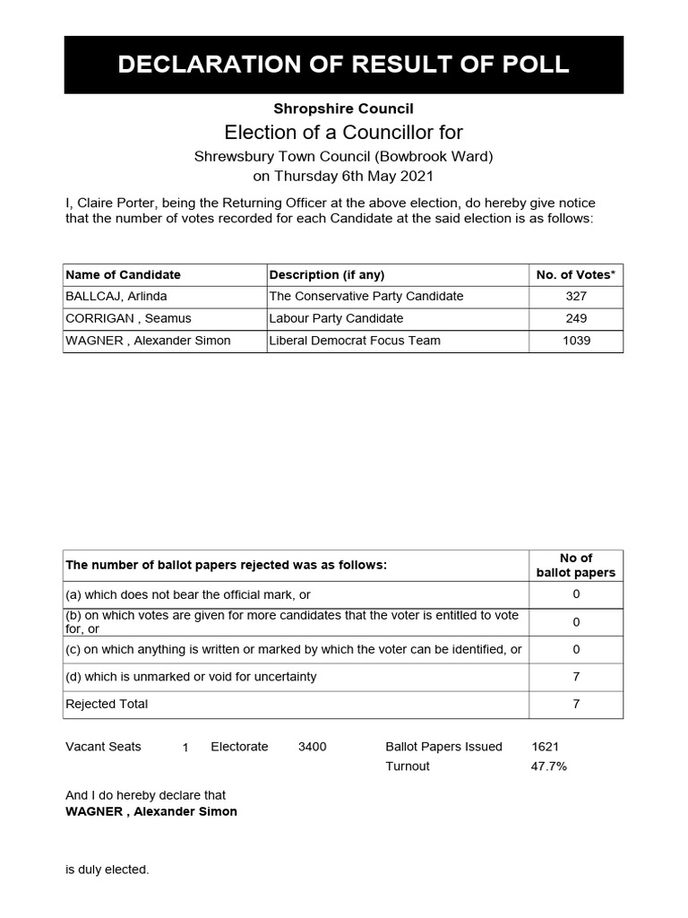 Declaration Of Result Shrewsbury Bowbrook Ward Pdf Voting Elections