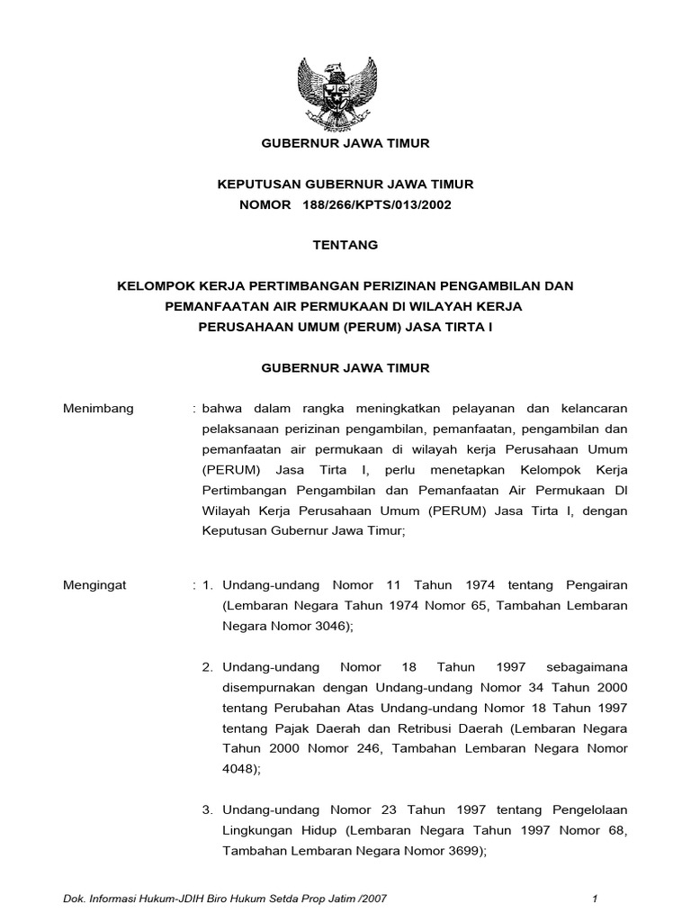 IND-Kepgubjatim 188-266-Kpts-103-2002 Pokja Perizinan Pengambilan, Pemanfaatan Air Permukaan ...