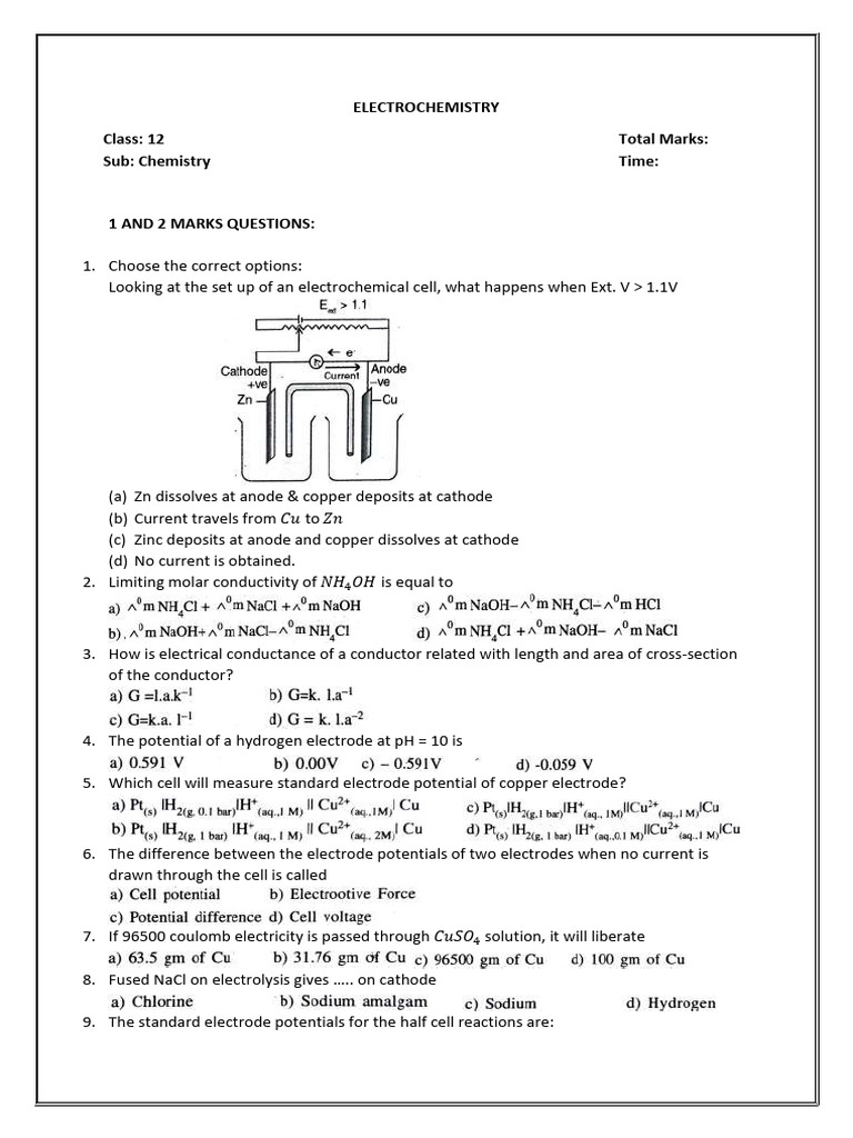Electrochemistry (1 and 2 Marks QS) | PDF | Electrochemistry | Electrode