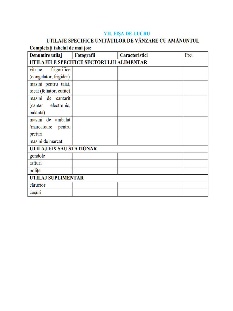 Ustensile, Utilaje, Materiale Utilizare in Magazinul En-Detail Fisa de ...