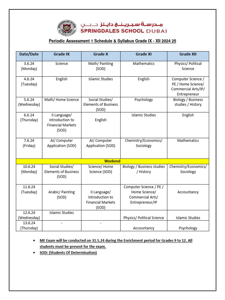 PA 1 Schedule & Syllabus Grade IX To XII AY 2024-25 | PDF | Html | Science